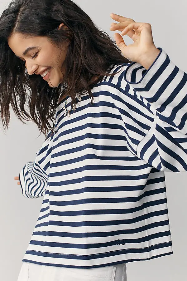 Maeve Pieced Stripe Long-sleeve Shirt Top - Vanilla X Nightfall