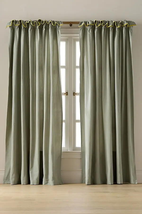 Anthropologie Ruffle Top Cotton Woven Curtain - Moss