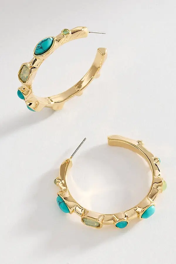 Anthropologie Bezel Stone Hoop Earrings - Turquoise