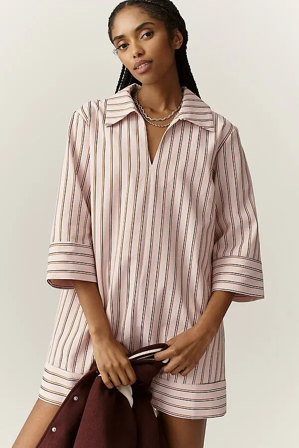 Striped Long-sleeve Mini Shirt Dress - Pink Pattern