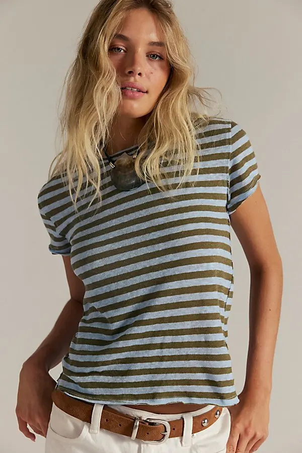 Free People We The Free Nora Striped Linen Tee - Green Combo