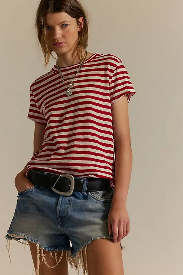 Free People We The Free Nora Striped Linen Tee - Red Combo