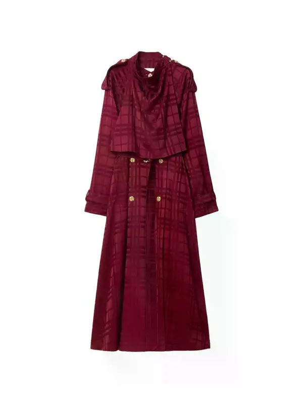 Burberry Check Double-breasted Silk Trench Coat - Red