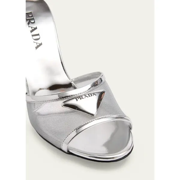 Prada 75mm Metallic Leather Mesh Sandals - Argento