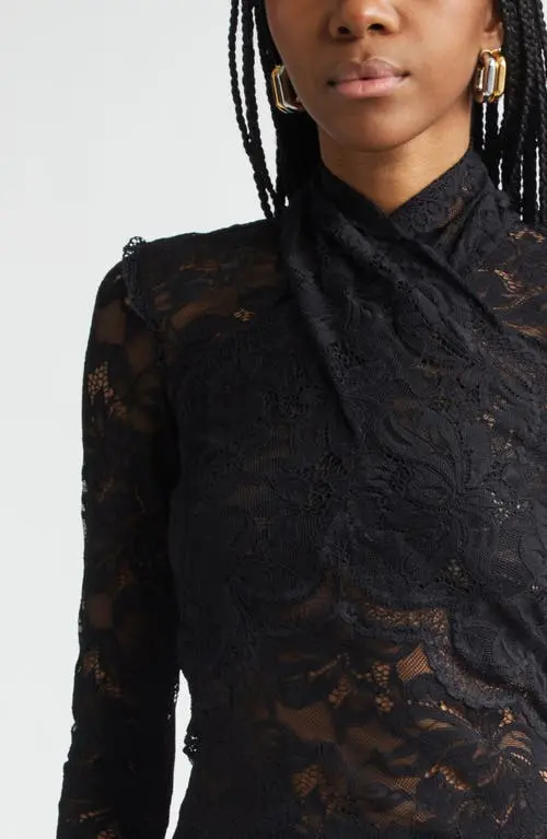 Rabanne Twist Front Scalloped Lace Top - Black
