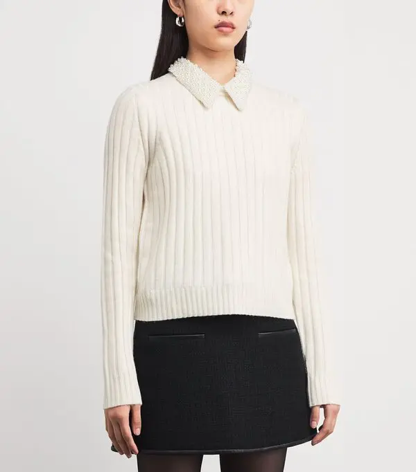 Maje Wool-blend Rib-knit Sweater With Pearl Collar