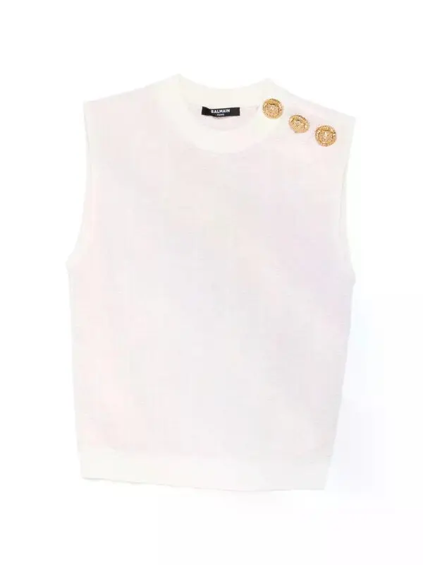Balmain Sleeveless Tweed Knit Top With Lion Head Buttons - Neutrals