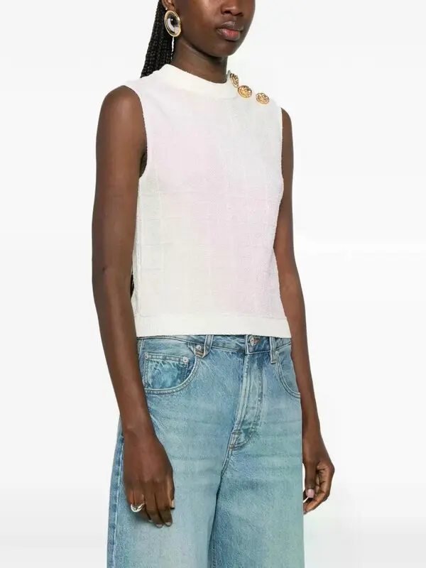 Balmain Sleeveless Tweed Knit Top With Lion Head Buttons