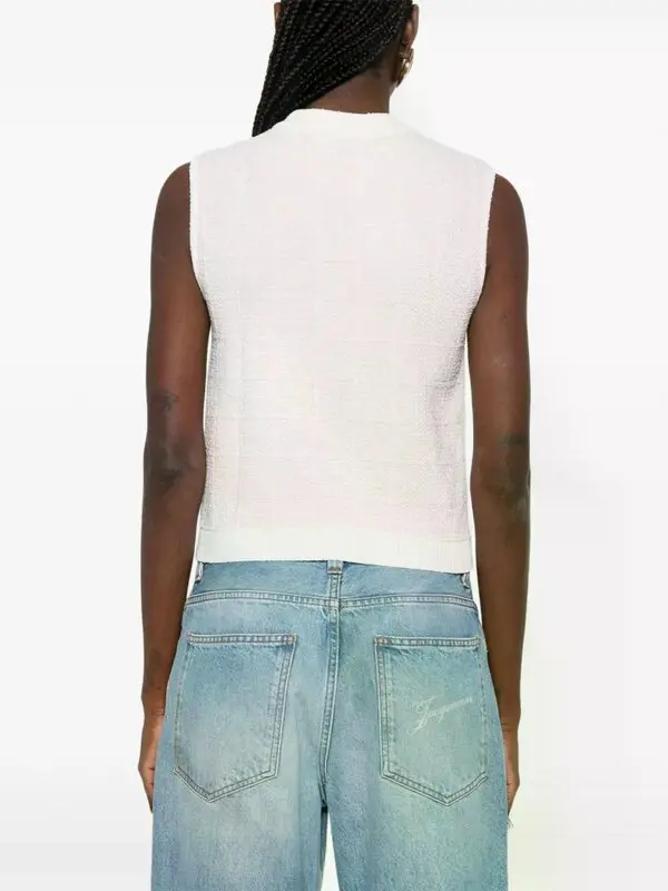 Balmain Sleeveless Tweed Knit Top With Lion Head Buttons