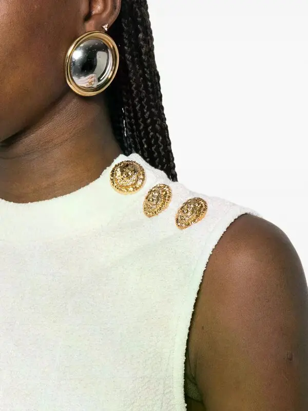 Balmain Sleeveless Tweed Knit Top With Lion Head Buttons