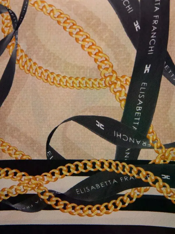 Elisabetta Franchi Silk Twill Foulard Scarf With Ribbon And Chain Print