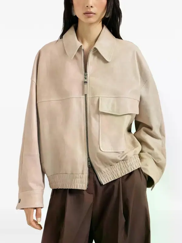 Brunello Cucinelli Monili Detail Leather Jacket - Neutrals