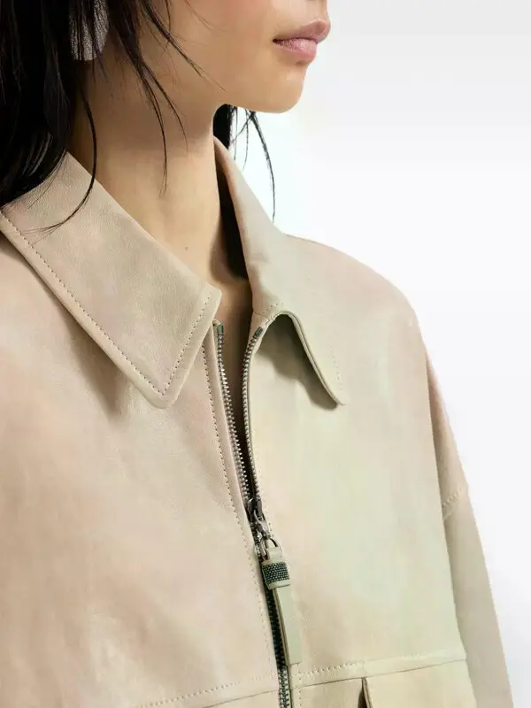 Brunello Cucinelli Monili Detail Leather Jacket - Neutrals