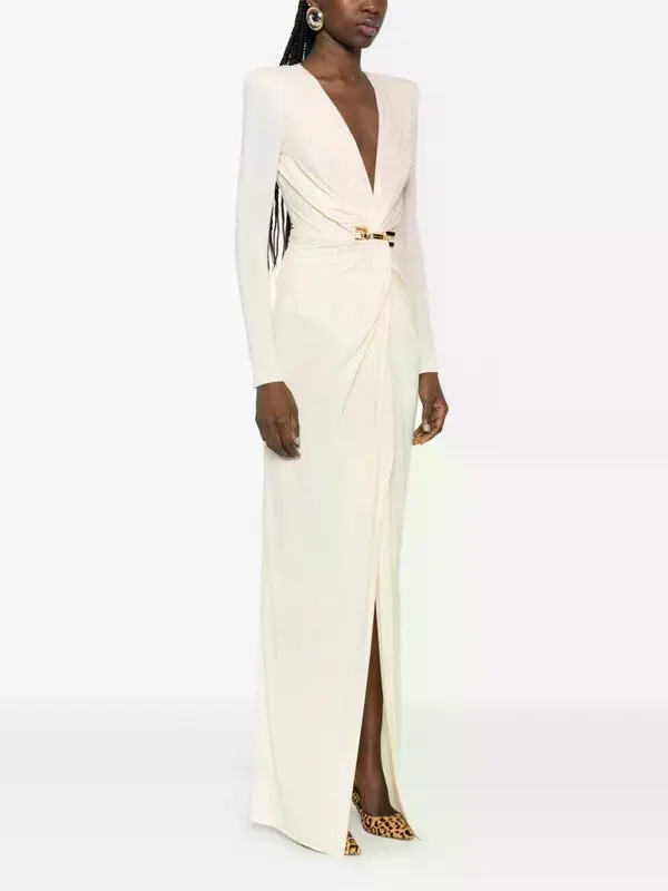 Elisabetta Franchi Long-sleeve V-neck Maxi Dress - Neutrals