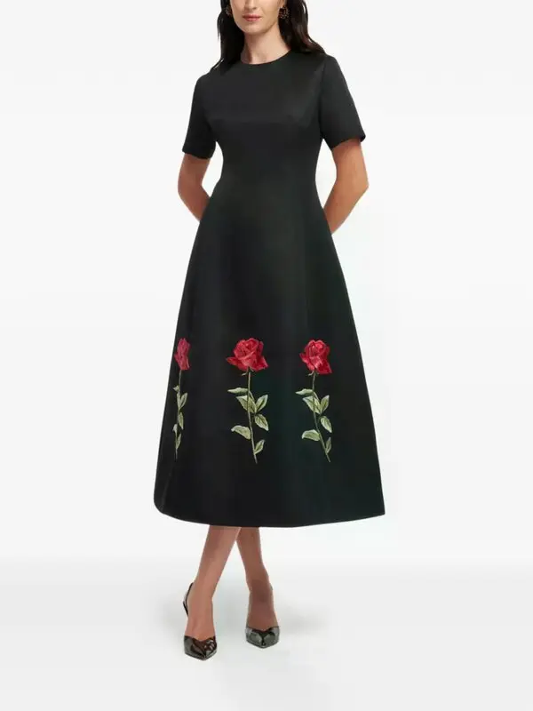 LEO LIN Rose-Embroidered Caroline Midi Dress - Black - 8