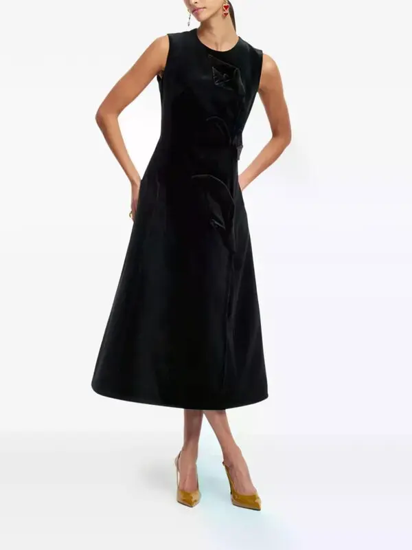 LEO LIN Floral-appliqué Midi Dress - Black