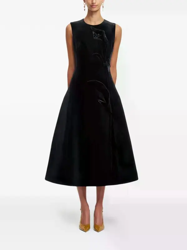 LEO LIN Floral-appliqué Midi Dress - Black