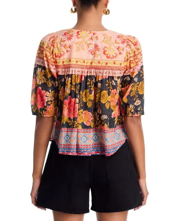 Aqua Floral Border Elbow Sleeve Top