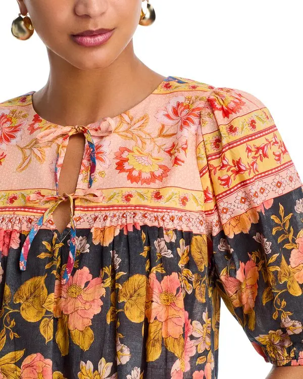 Aqua Floral Border Elbow Sleeve Top
