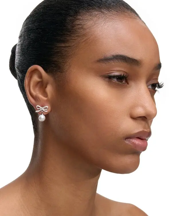 SELF-PORTRAIT Crystal Bow And Imitation Pearl Drop Earrings - Silver