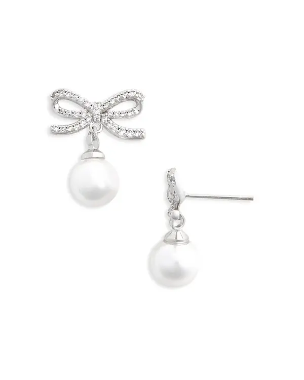 SELF-PORTRAIT Crystal Bow And Imitation Pearl Drop Earrings - Silver