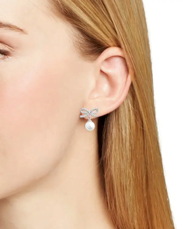 SELF-PORTRAIT Crystal Bow And Imitation Pearl Drop Earrings - Silver