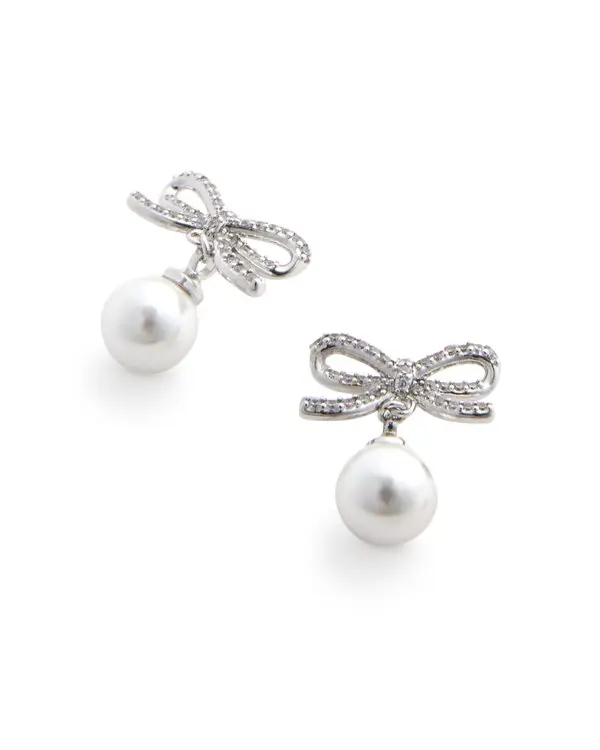 SELF-PORTRAIT Crystal Bow And Imitation Pearl Drop Earrings - Silver