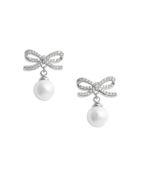 SELF-PORTRAIT Crystal Bow And Imitation Pearl Drop Earrings - Silver