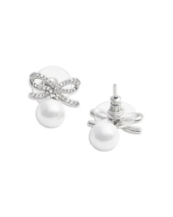 SELF-PORTRAIT Crystal Bow And Imitation Pearl Drop Earrings - Silver