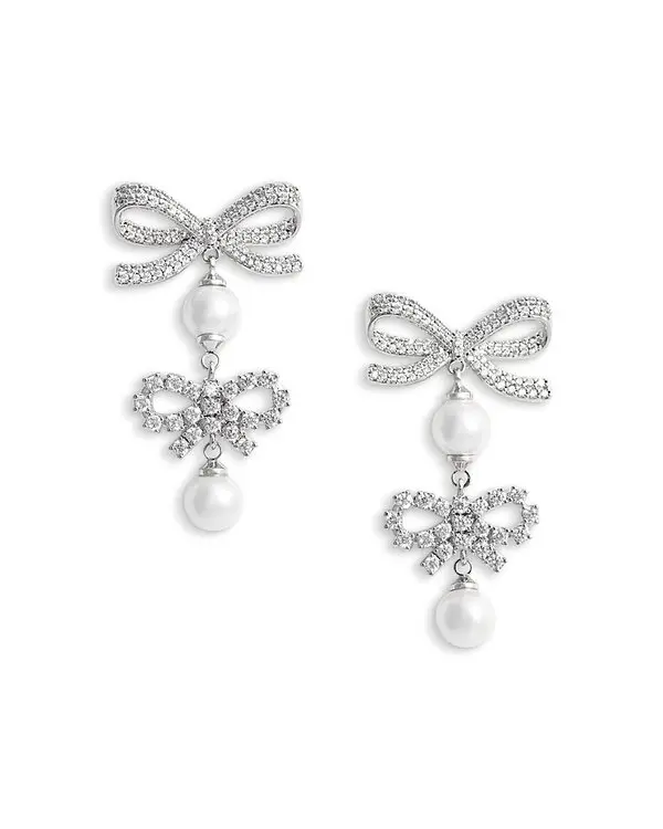 SELF-PORTRAIT Double Bow Faux Pearl Drop Earrings - Silver