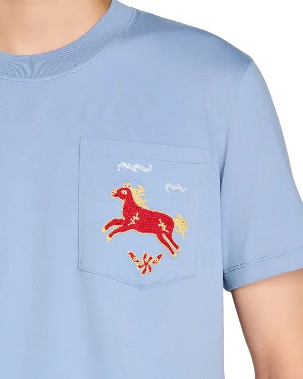 Sandro Embroidered Horse Cotton Tee - Sky Blue
