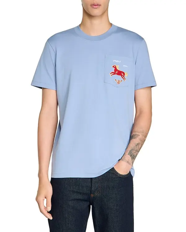 Sandro Embroidered Horse Pocket T-shirt - Sky Blue