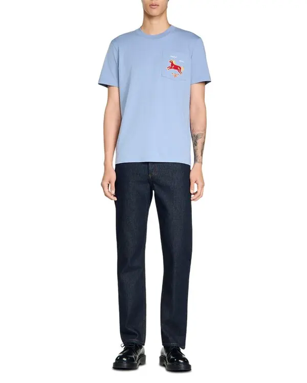Sandro Embroidered Horse Pocket T-shirt - Sky Blue