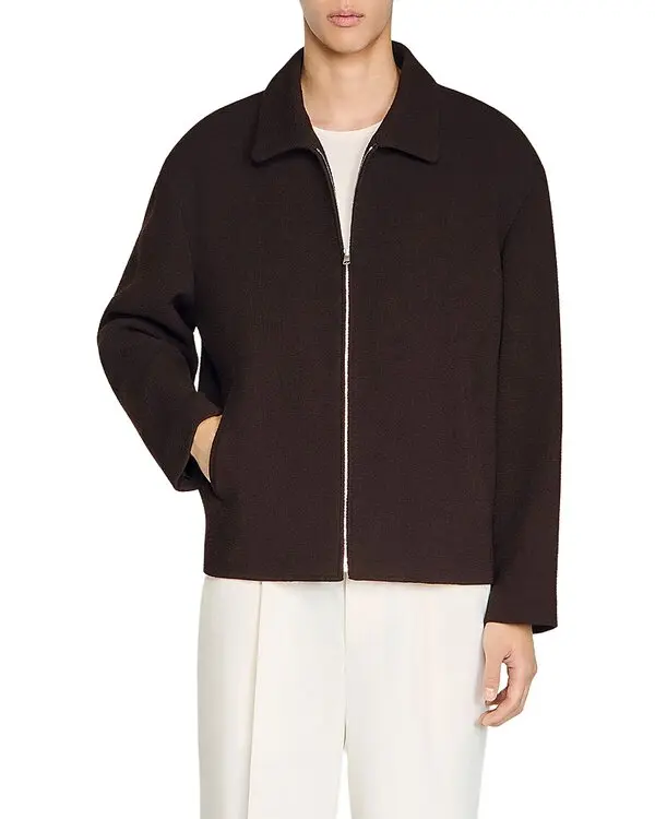 Sandro Crepe Waffled Zipper Jacket - Chocolate