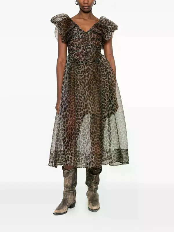 GANNI Animal-print Midi Dress - Brown