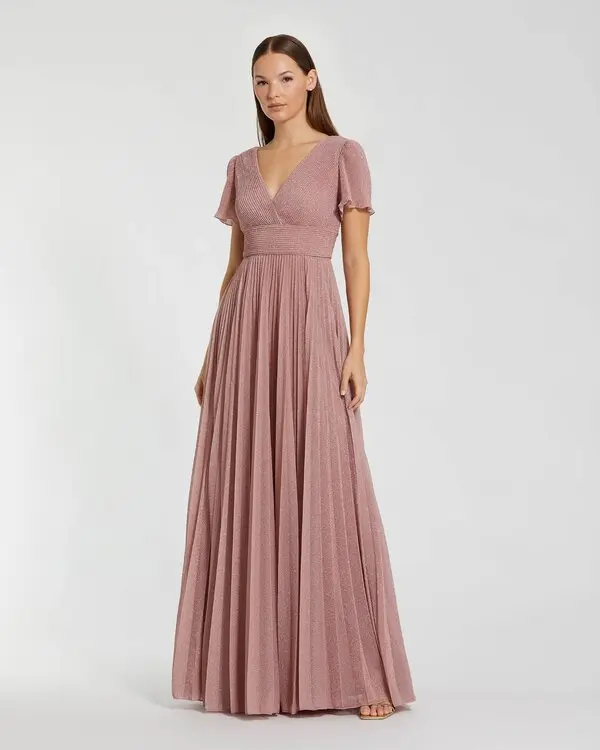 Mac Duggal Pleated Metallic Gown - Pink