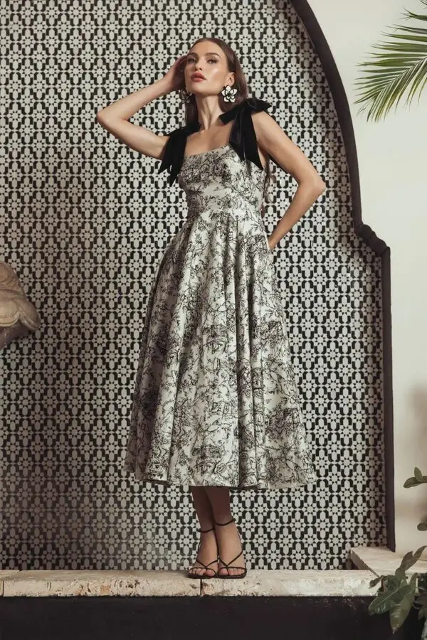 midi brocade dress Mac Duggal 20726 line hemline Square Neck Champagne Floral Brocade