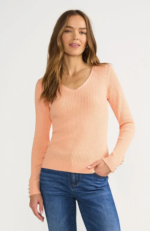 LANDS' END Fine Gauge Cotton Baby Cable Vneck Sweater - Peach Sorbet