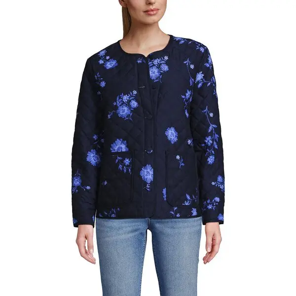LANDS' END Quilted Reversible Jacket - Navy Floral/navy Gingham