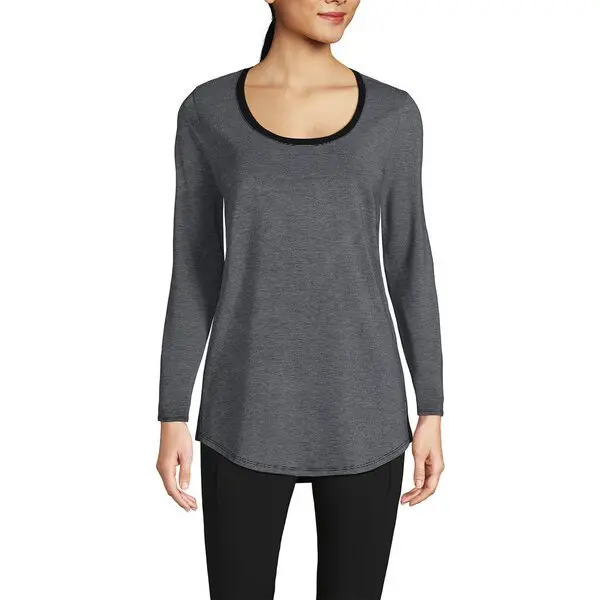 LANDS' END Long Sleeve Power Performance Scoop Neck Curved Hem Tunic Tee - Black Pinstripe