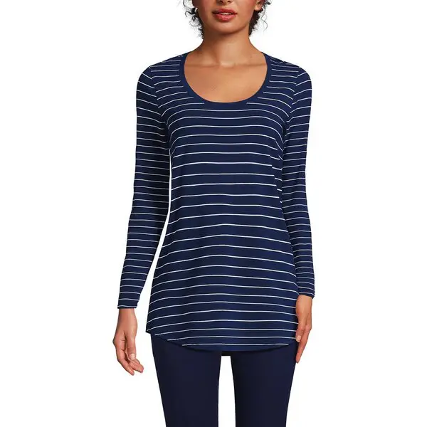 LANDS' END Long Sleeve Power Performance Scoop Neck Curved Hem Tunic Tee - Deep Sea Navy/white Stripes