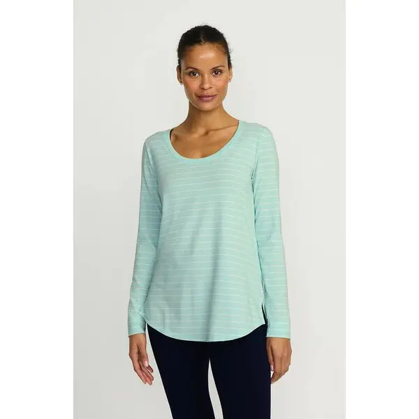 LANDS' END Long Sleeve Power Performance Scoop Neck Curved Hem Tunic Tee - Julep/white Stripes