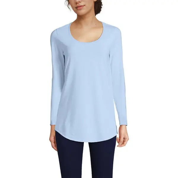 LANDS' END Long Sleeve Power Performance Scoop Neck Curved Hem Tunic Tee - Soft Sky Blue Pinstripe