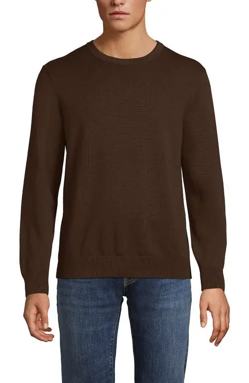 LANDS' END Fine Gauge Cotton Crew Neck Sweater - Dark Walnut Brown