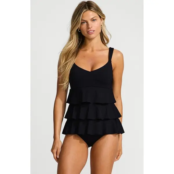LANDS' END Smoothing Control Ruffle Fauxkini One Piece Swimsuit - Black