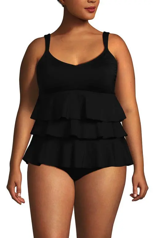 LANDS' END Smoothing Control Ruffle Fauxkini One Piece Swimsuit - Black