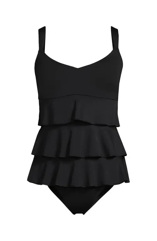 LANDS' END Smoothing Control Ruffle Fauxkini One Piece Swimsuit - Black