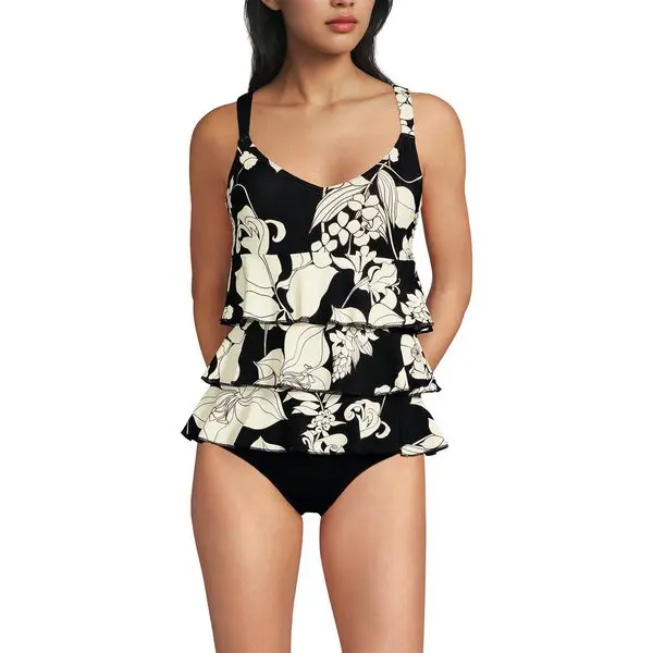 LANDS' END Smoothing Control Ruffle Fauxkini One Piece Swimsuit - Black/egret Lilies