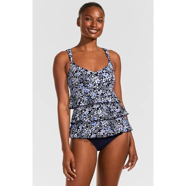 LANDS' END Ruffle Fauxkini One-piece Swimsuit - Navy Meadow Floral