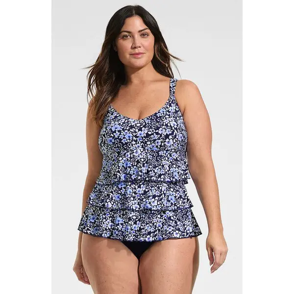 LANDS' END Smoothing Control Ruffle Fauxkini One Piece Swimsuit - Navy Meadow Floral